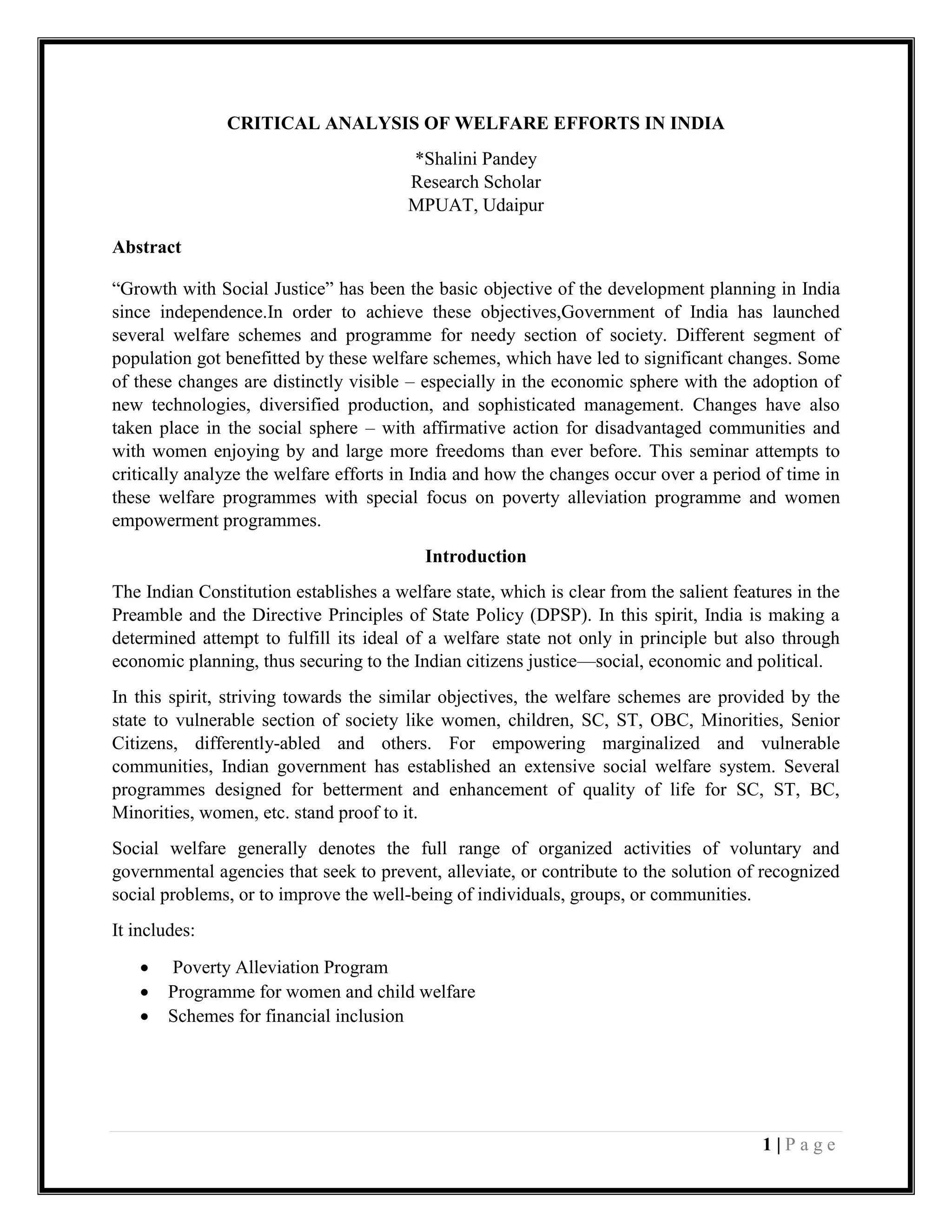 Critical analysis of welfare schemes | PDF