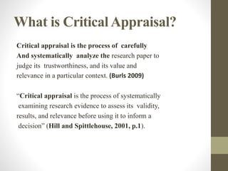 Critical appraisal of a research writing | PPTX