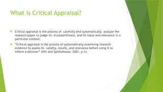 Critical appraisal method in research methodology | PPT