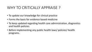 Critical appraisal of scientific articles overview | PPTX