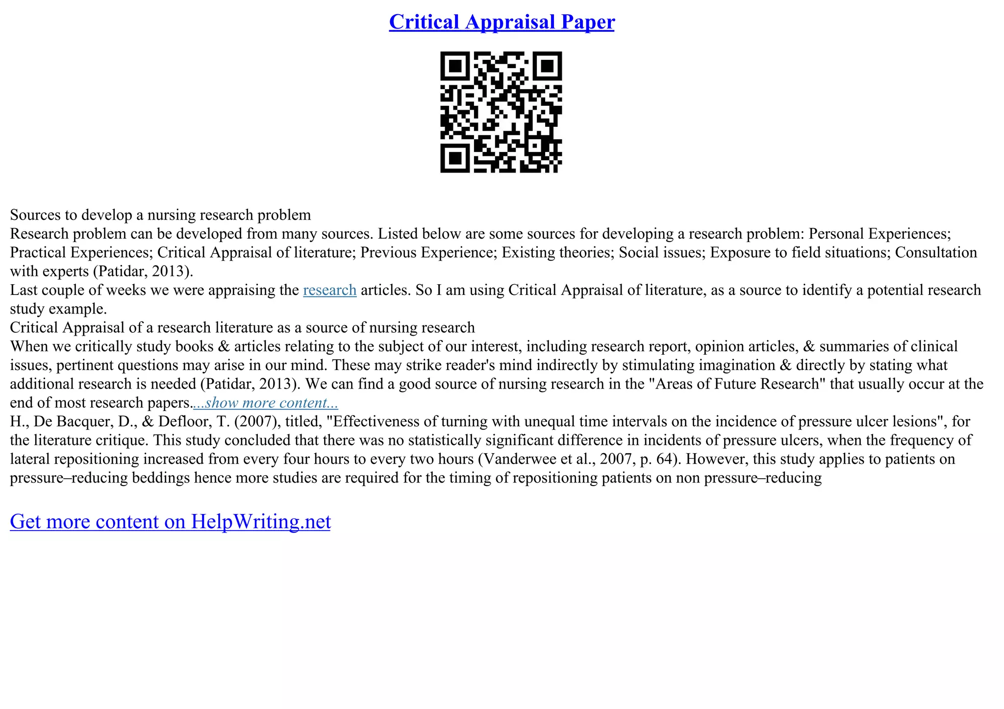 Critical Appraisal Paper | PDF