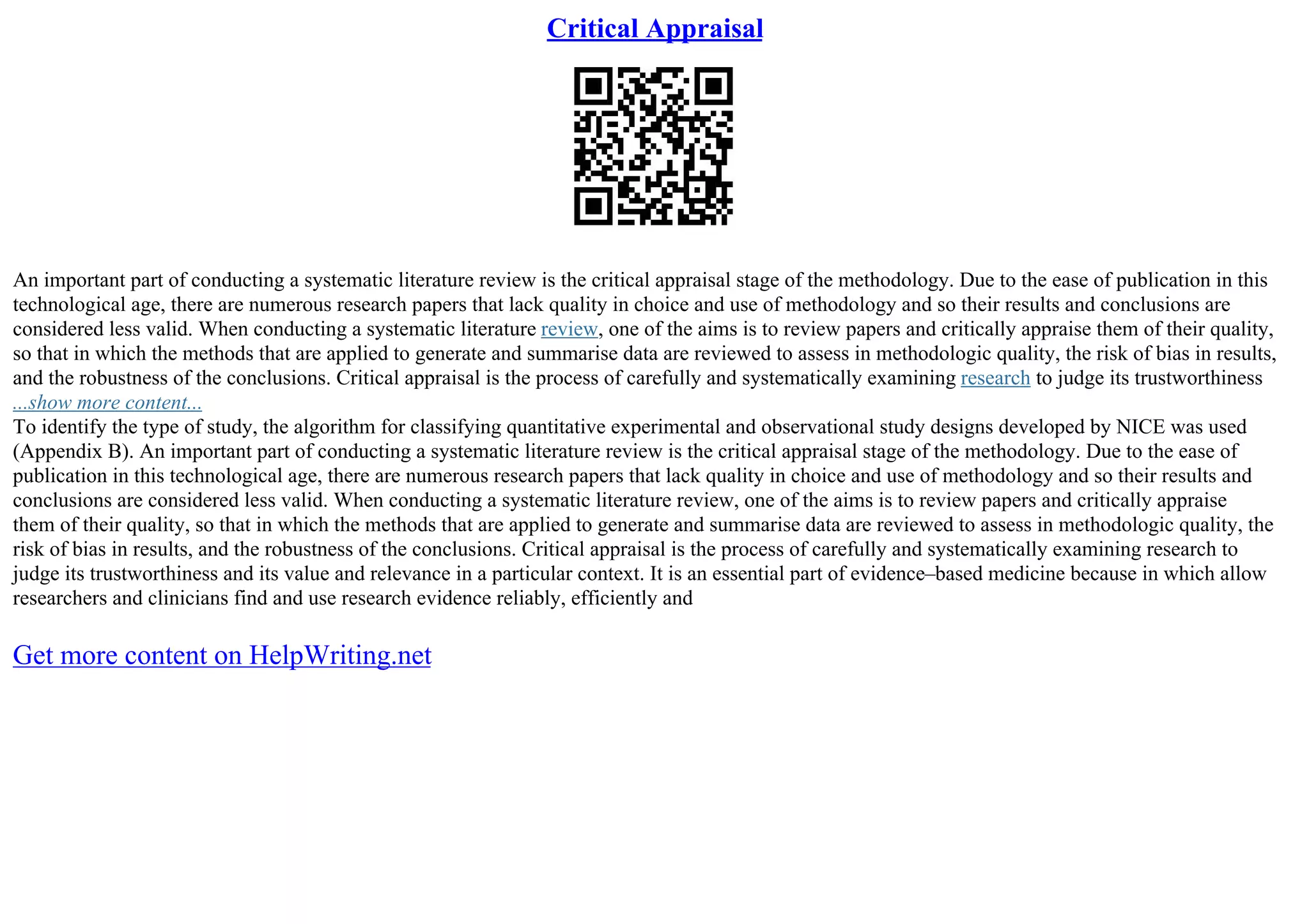 Critical Appraisal Paper PDF Critical Appraisal Paper PDF