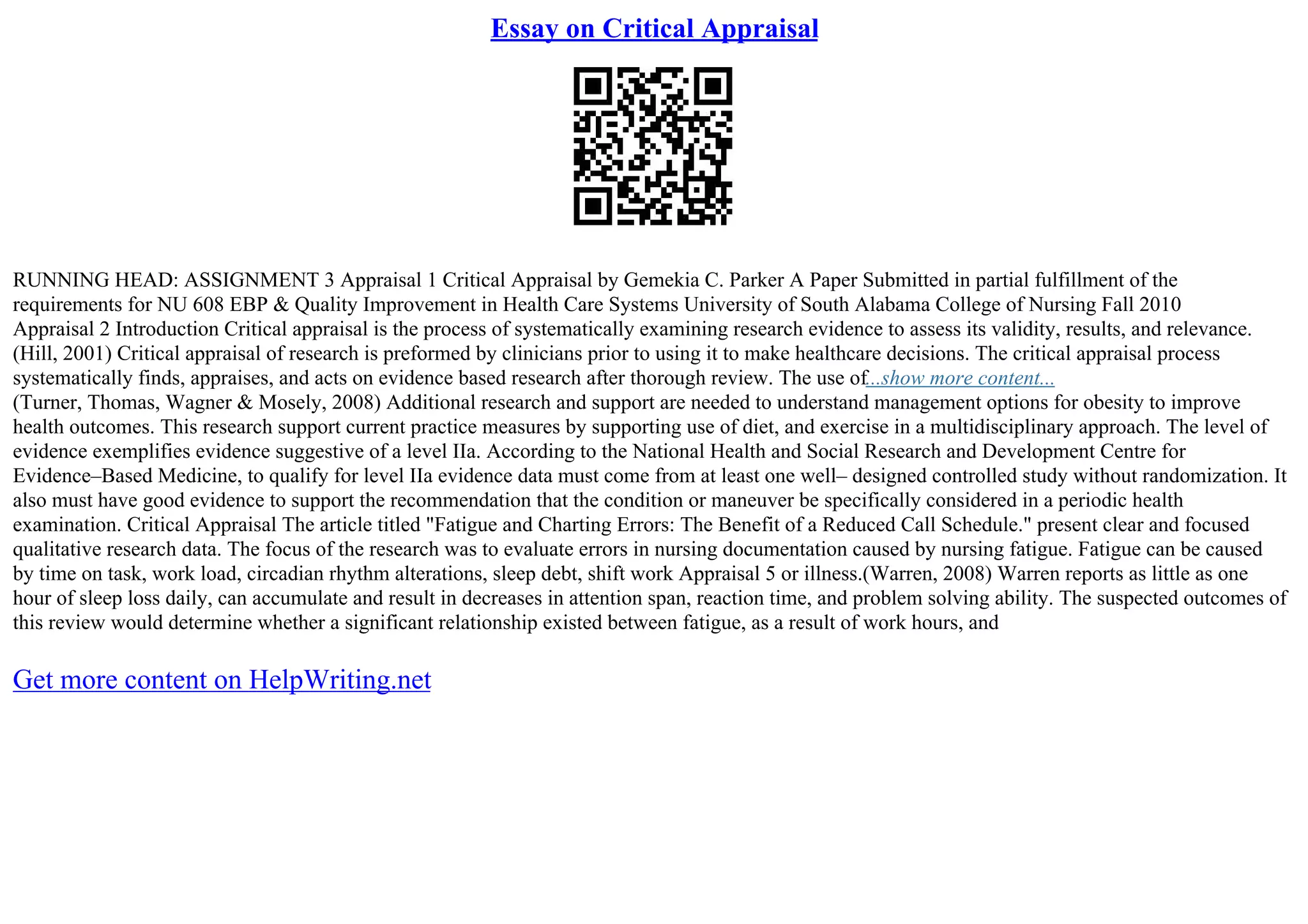 Critical Appraisal Paper | PDF