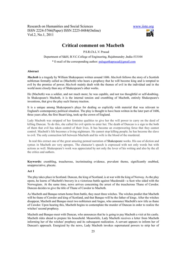 Critical comment on macbeth | PDF
