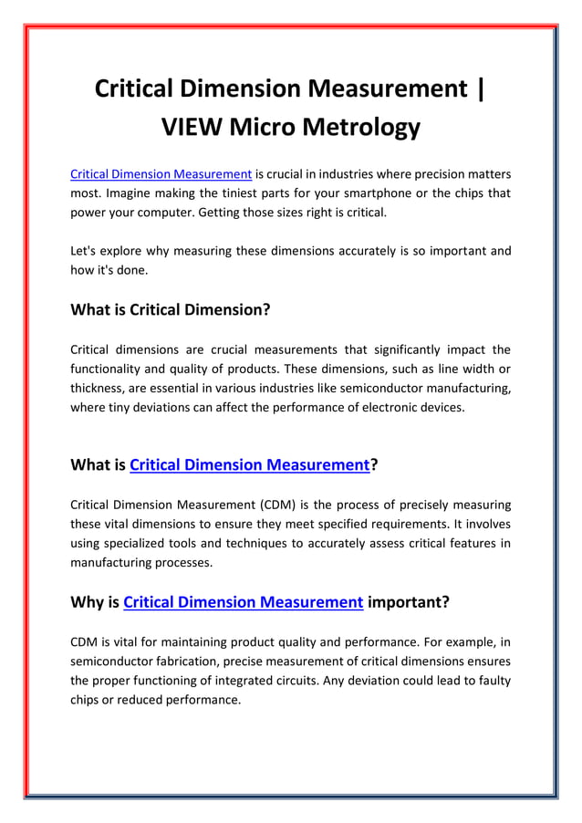 Critical Dimension Measurement - VIEW Micro Metrology | PDF | Physics ...