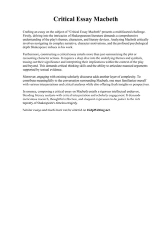 Critical Essay Macbeth. University of California Riverside | PDF