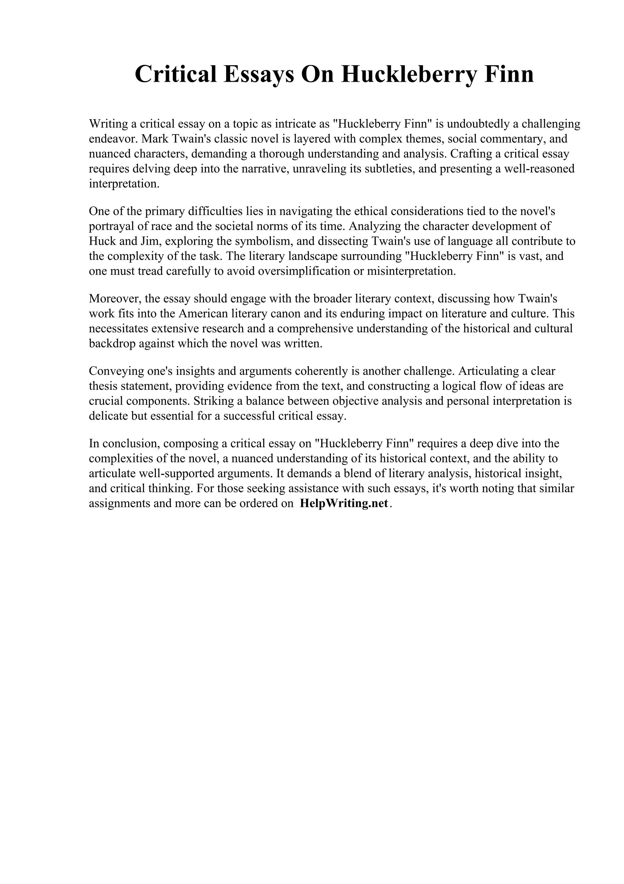 Critical Essays On Huckleberry Finn | PDF