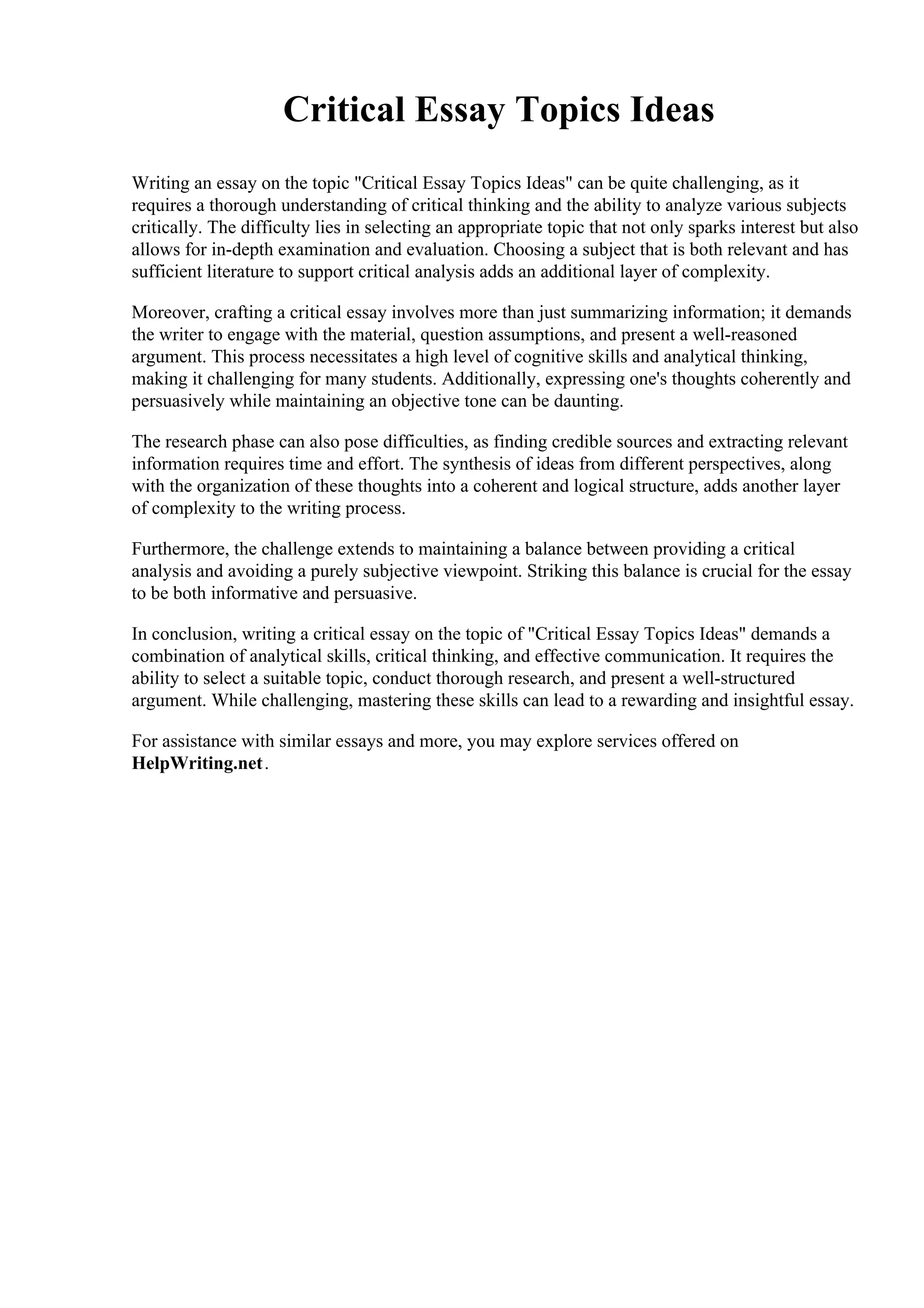 Critical Essay Topics Ideas | PDF