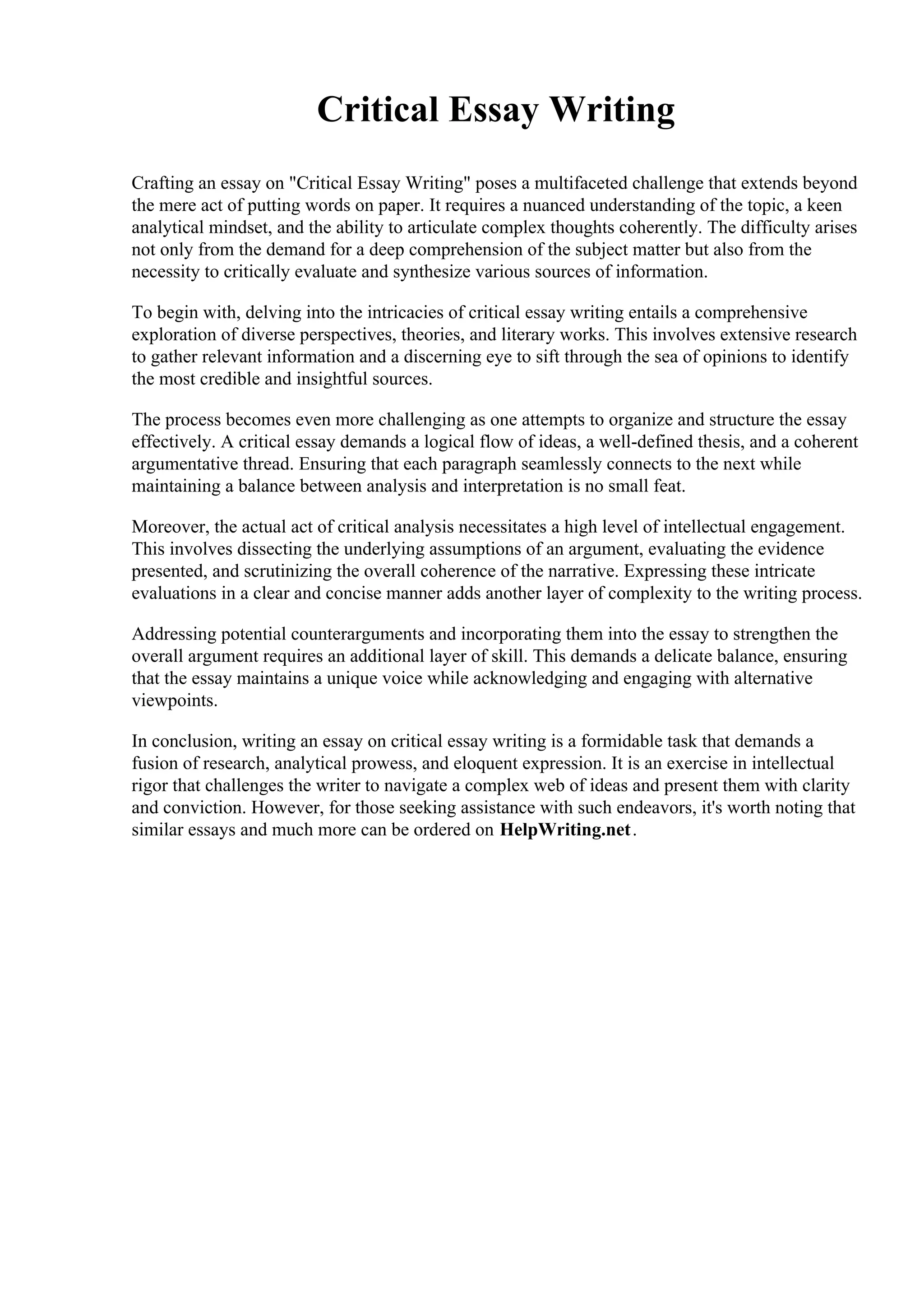 Critical Essay Writing. St. Peter's Hospital College of Nursing | PDF ...