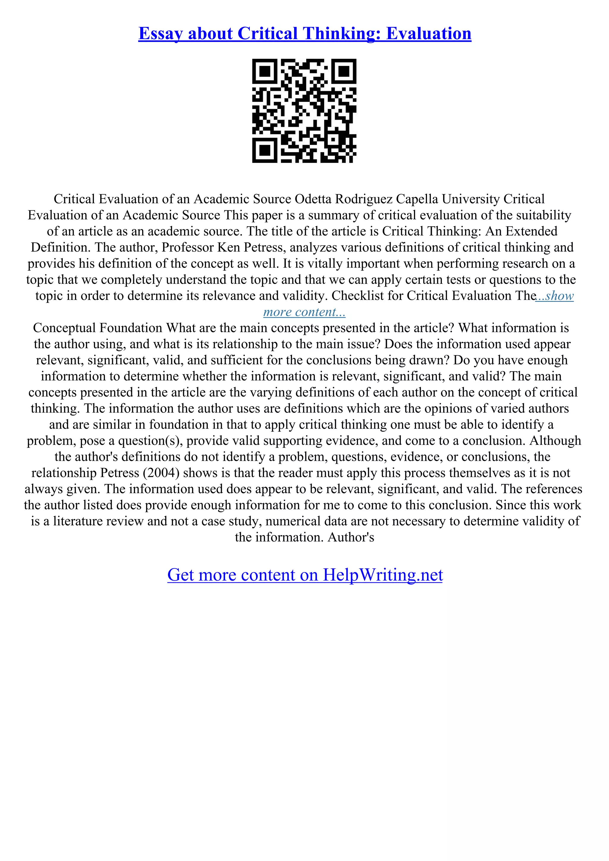 Critical Evaluation Essay | PDF