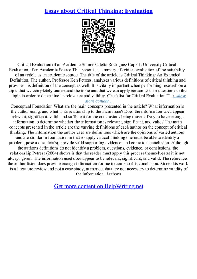 Critical Evaluation Essay | PDF