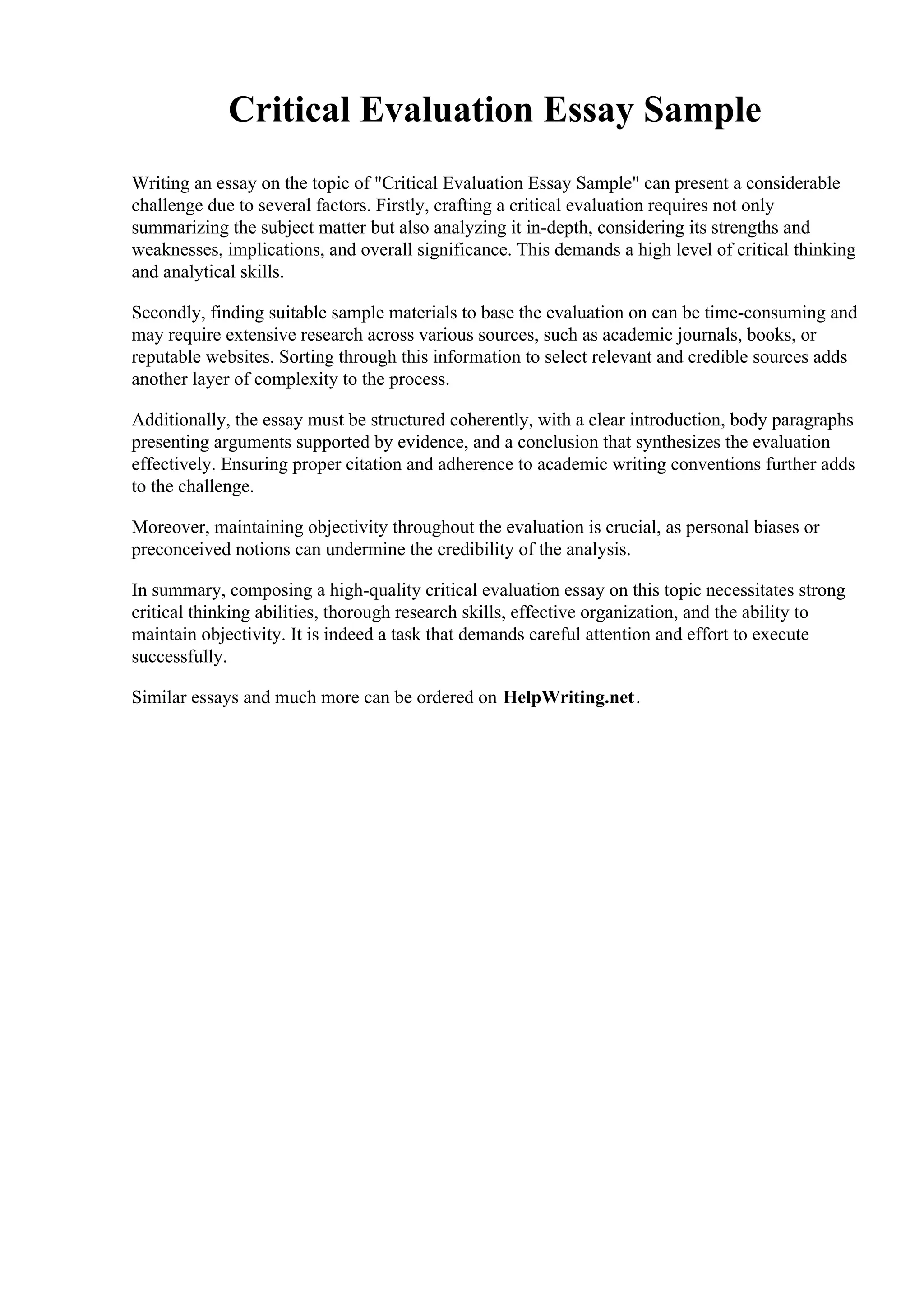 Critical Evaluation Essay Sample. Wesley College | PDF