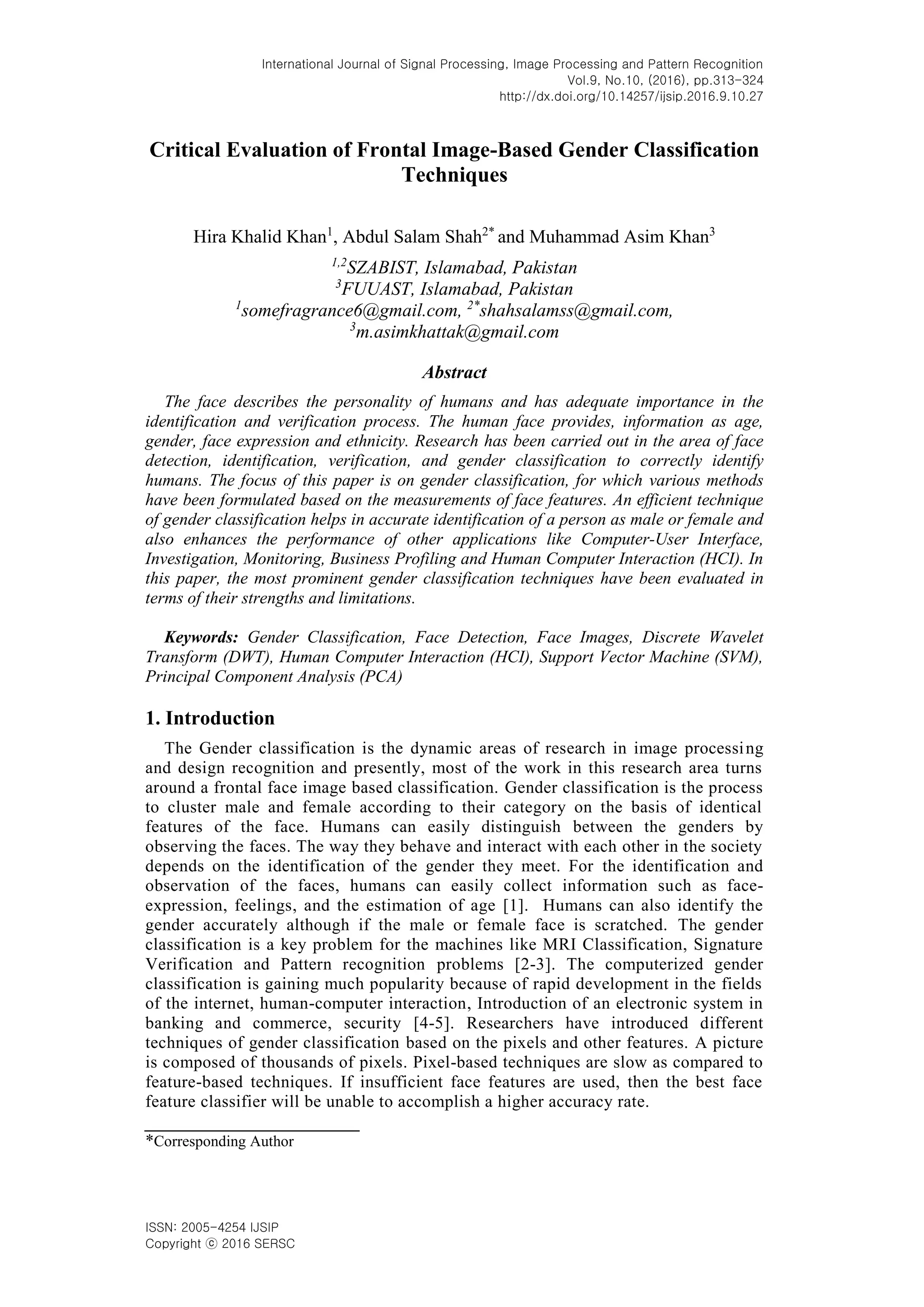 Critical evaluation of frontal image based gender classification techniques | PDF