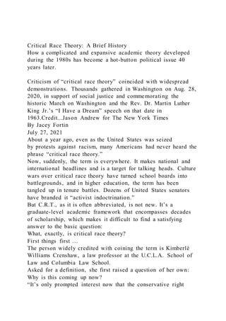 Critical Race Theory A Brief HistoryHow a complicated and expan | DOCX