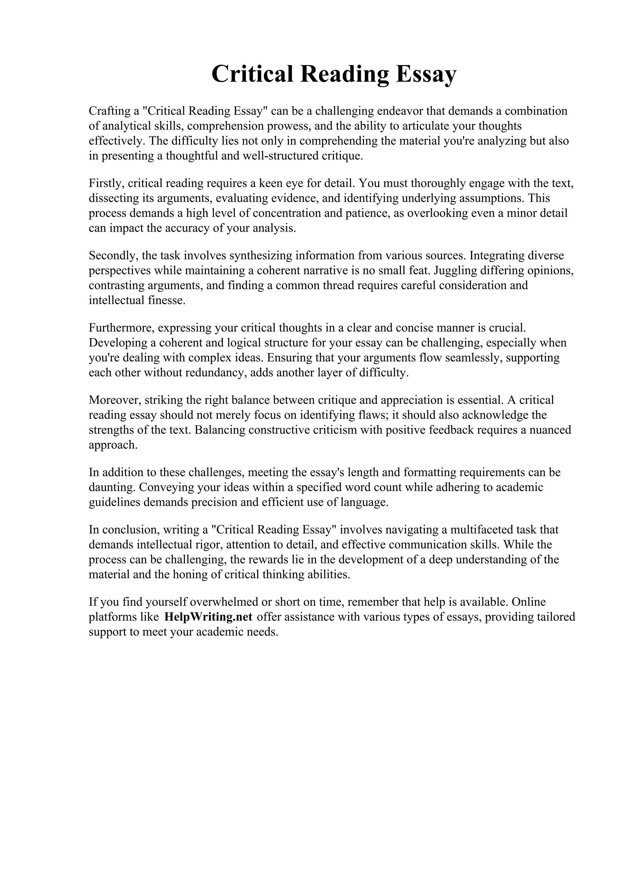 Critical Reading Essay | PDF