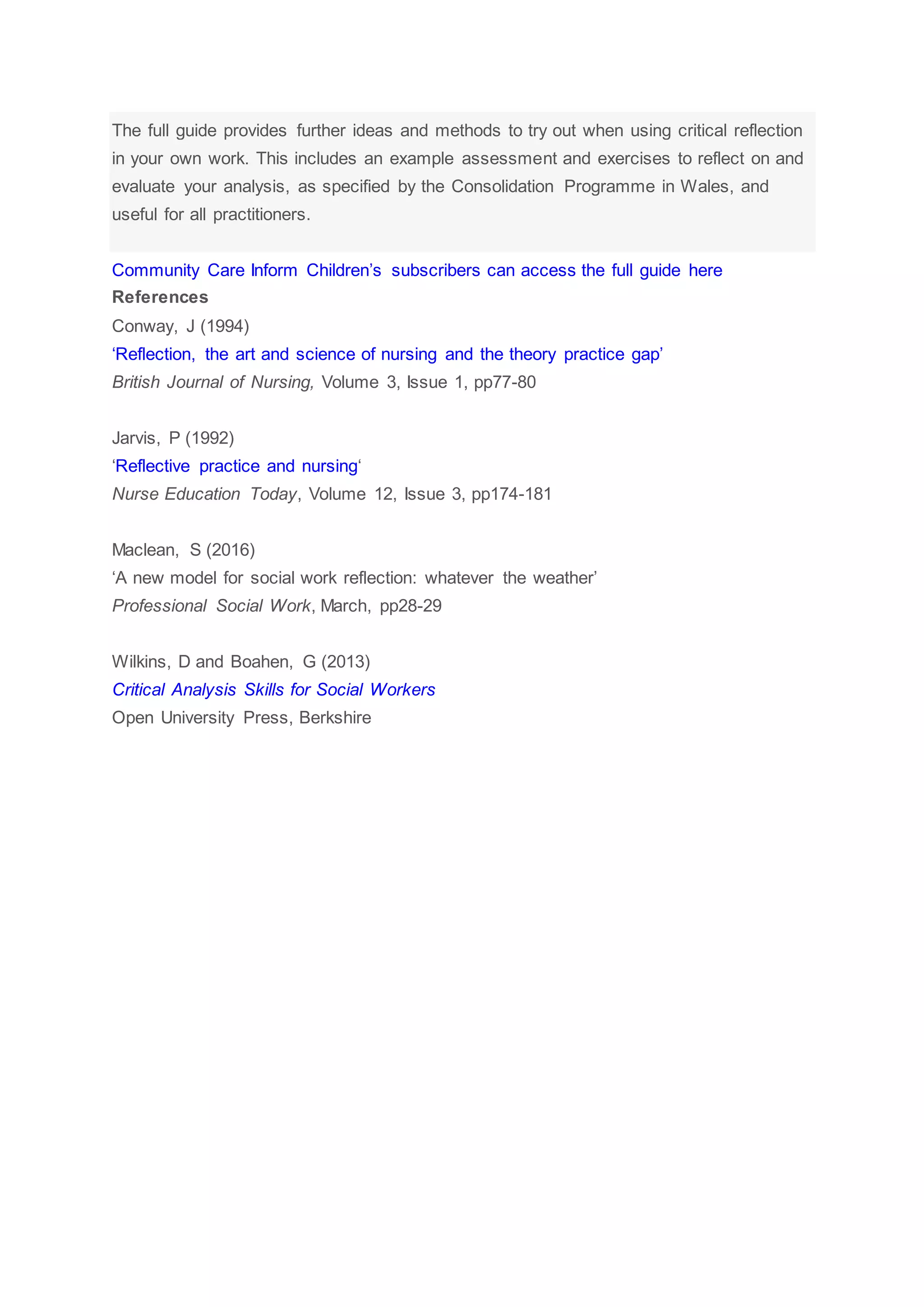 Critical Reflection - how to develop it in your practice | DOCX