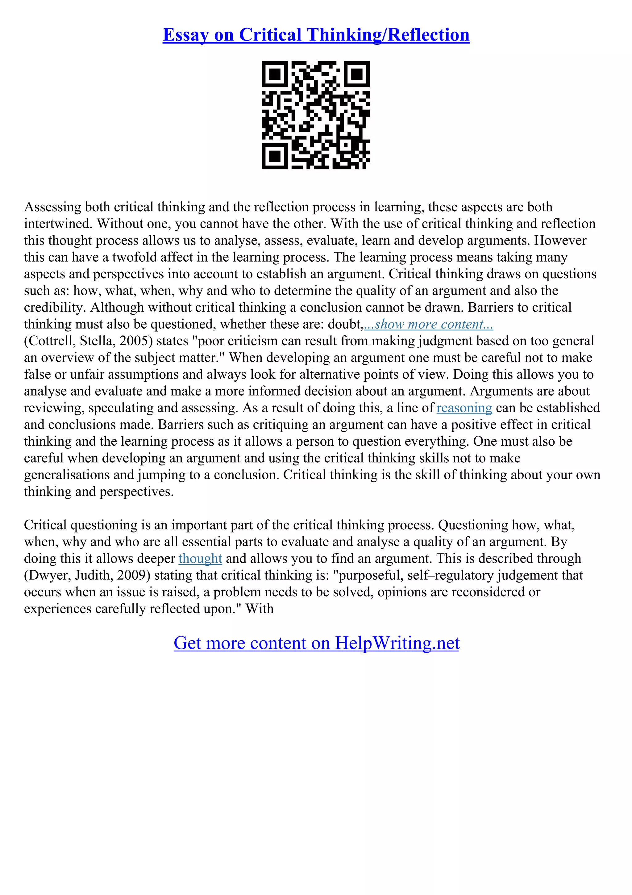 Critical Reflection Essay | PDF