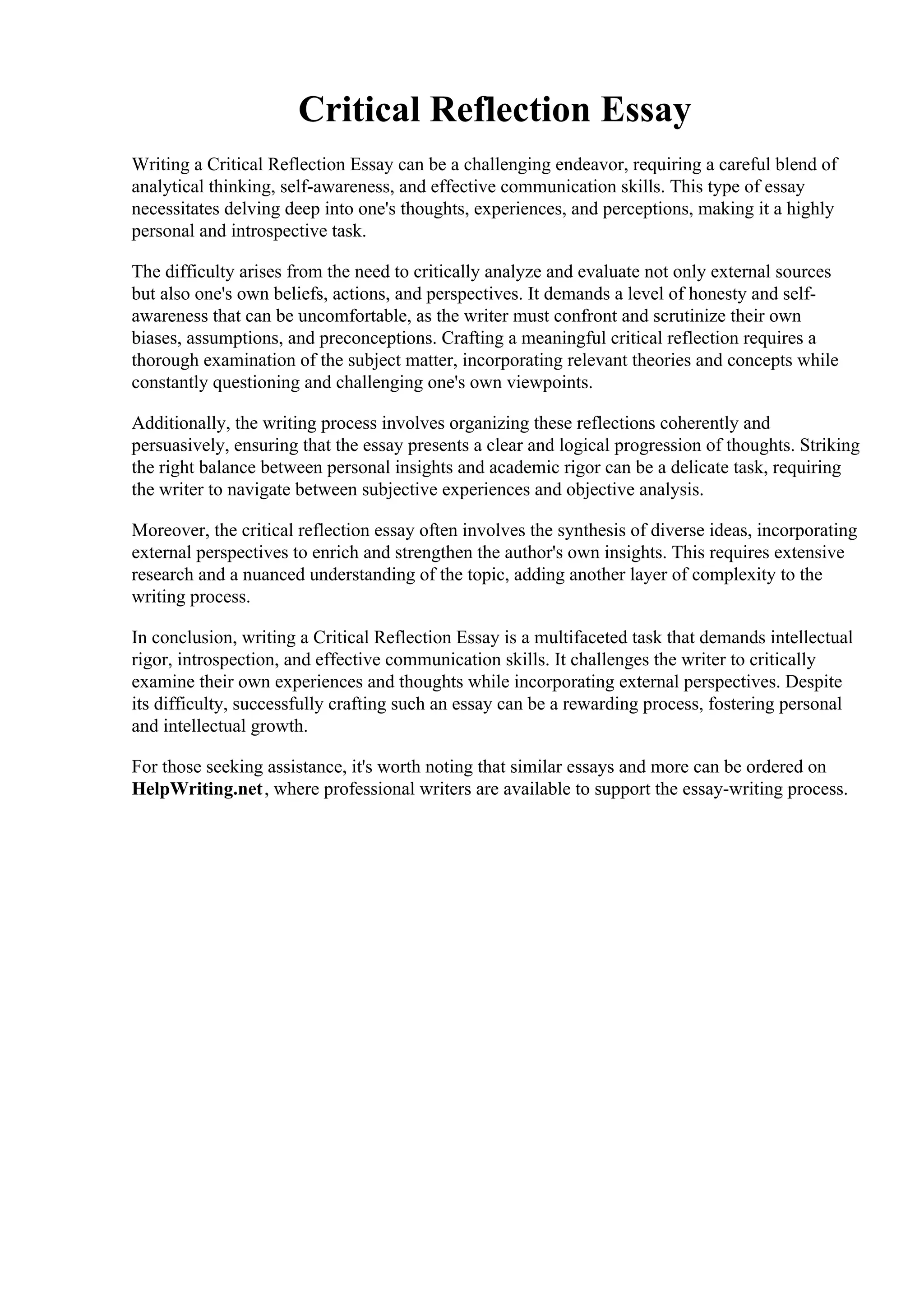 Critical Reflection Essay. critical reflection essay example | PDF Critical Reflection Essay. critical reflection essay example | PDF