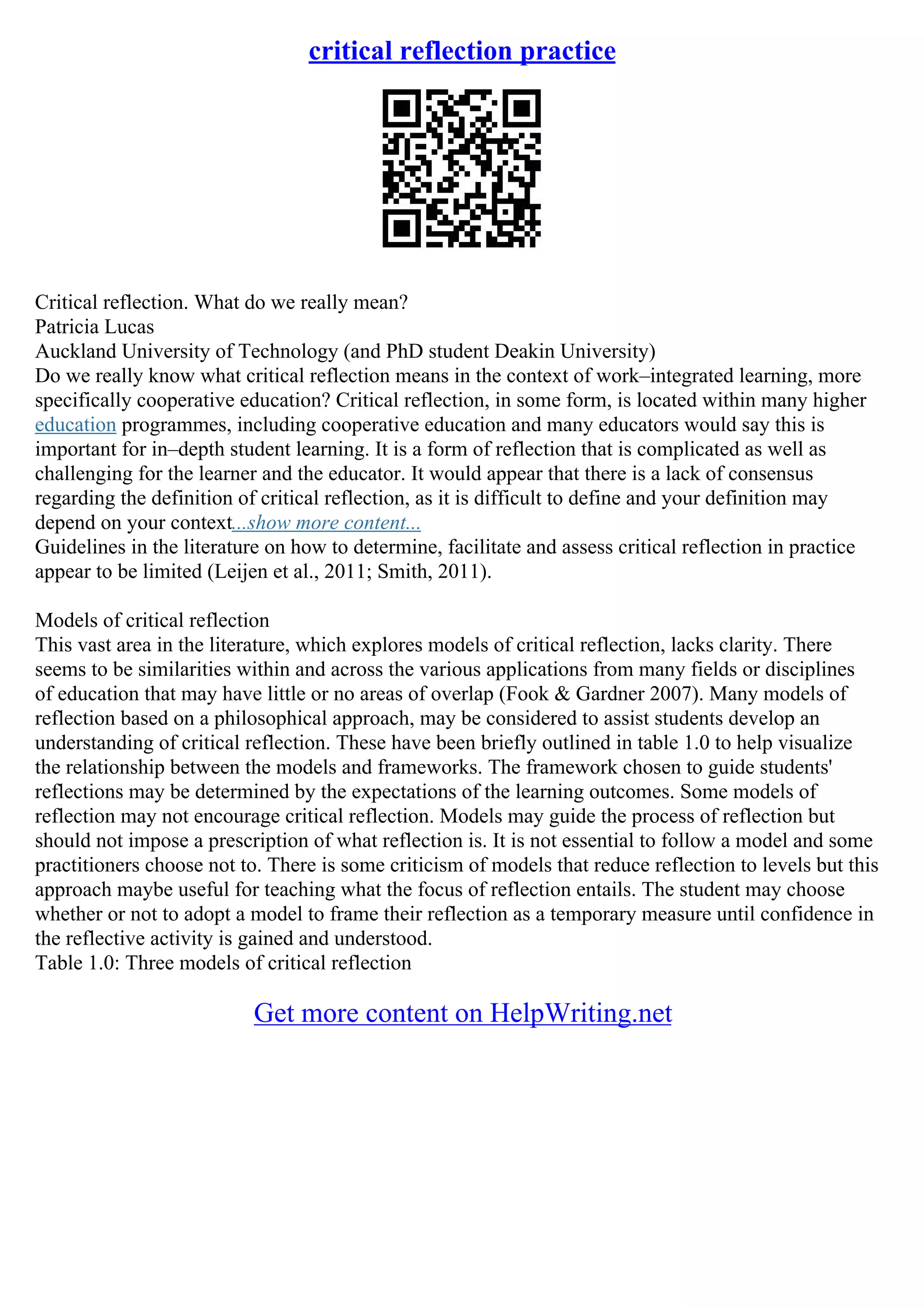 Critical Reflective Essay | PDF