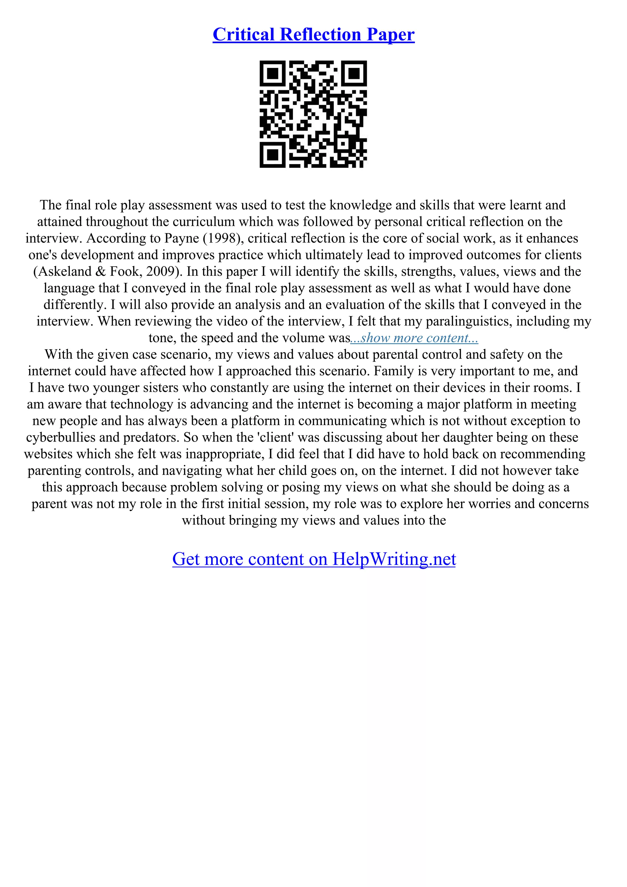 Critical Reflective Essay | PDF