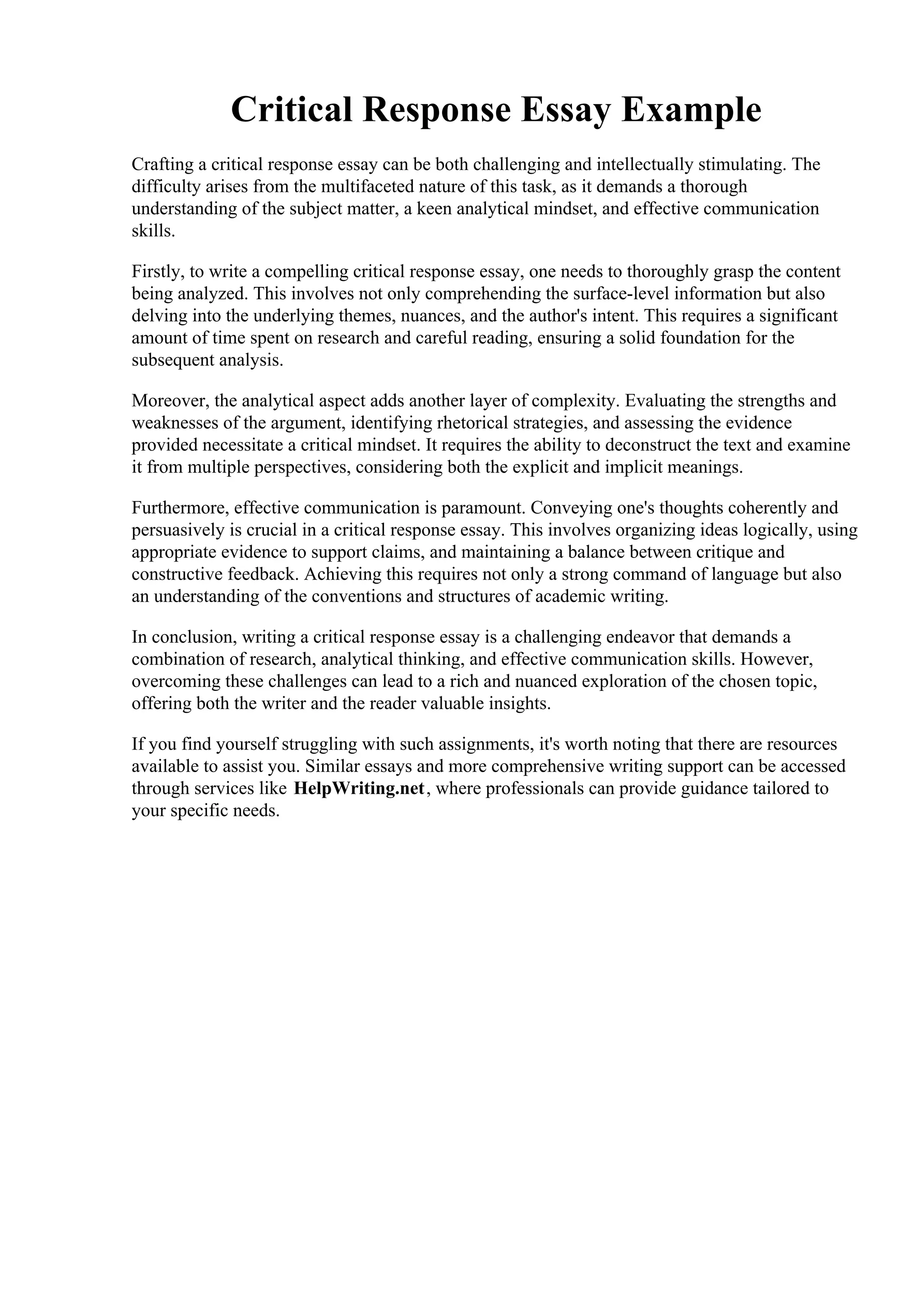 Critical Response Essay Example | PDF