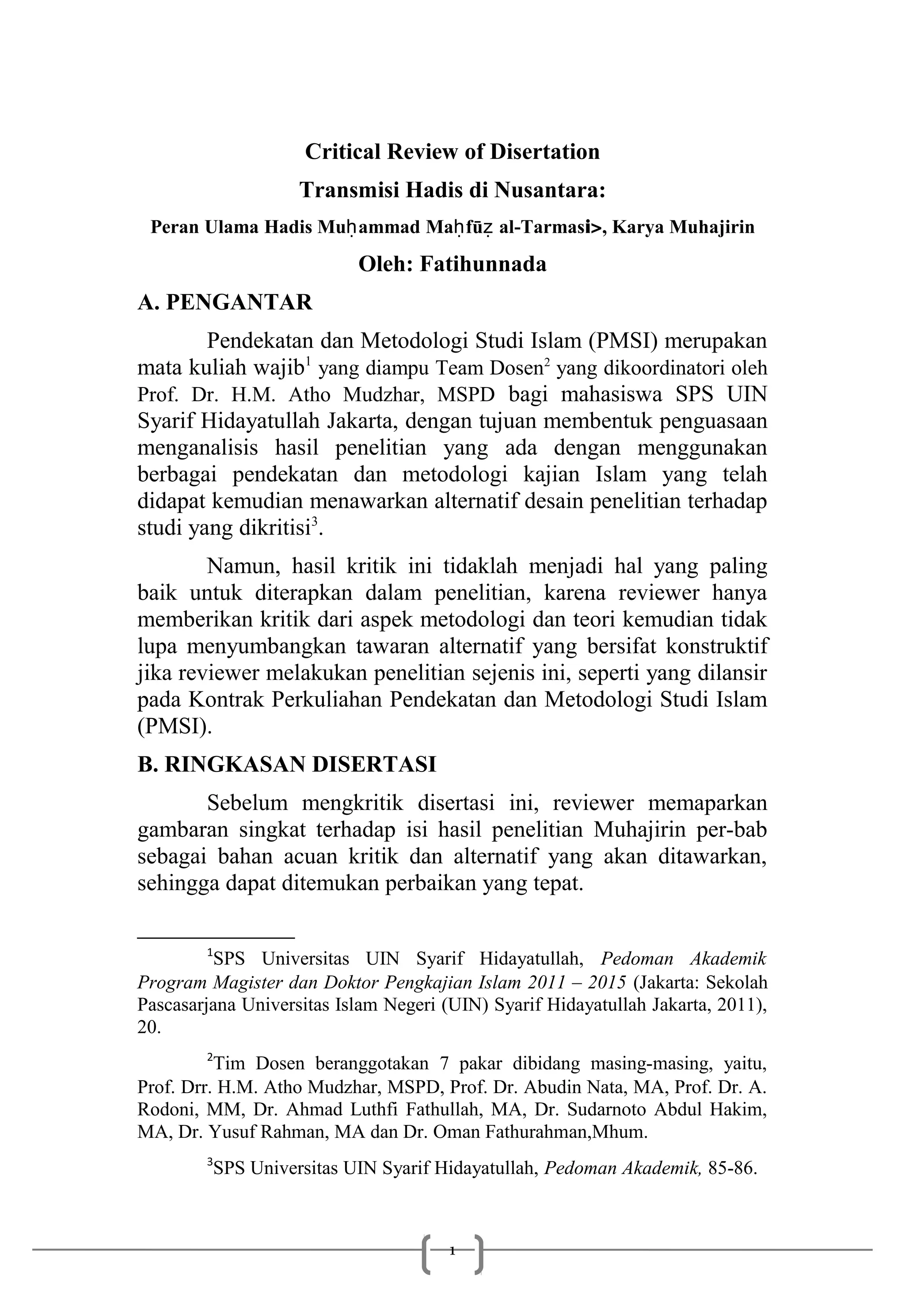 Critical Review - Disertasi Transmisi Hadis Nusantara (Fatihunnada) | DOC