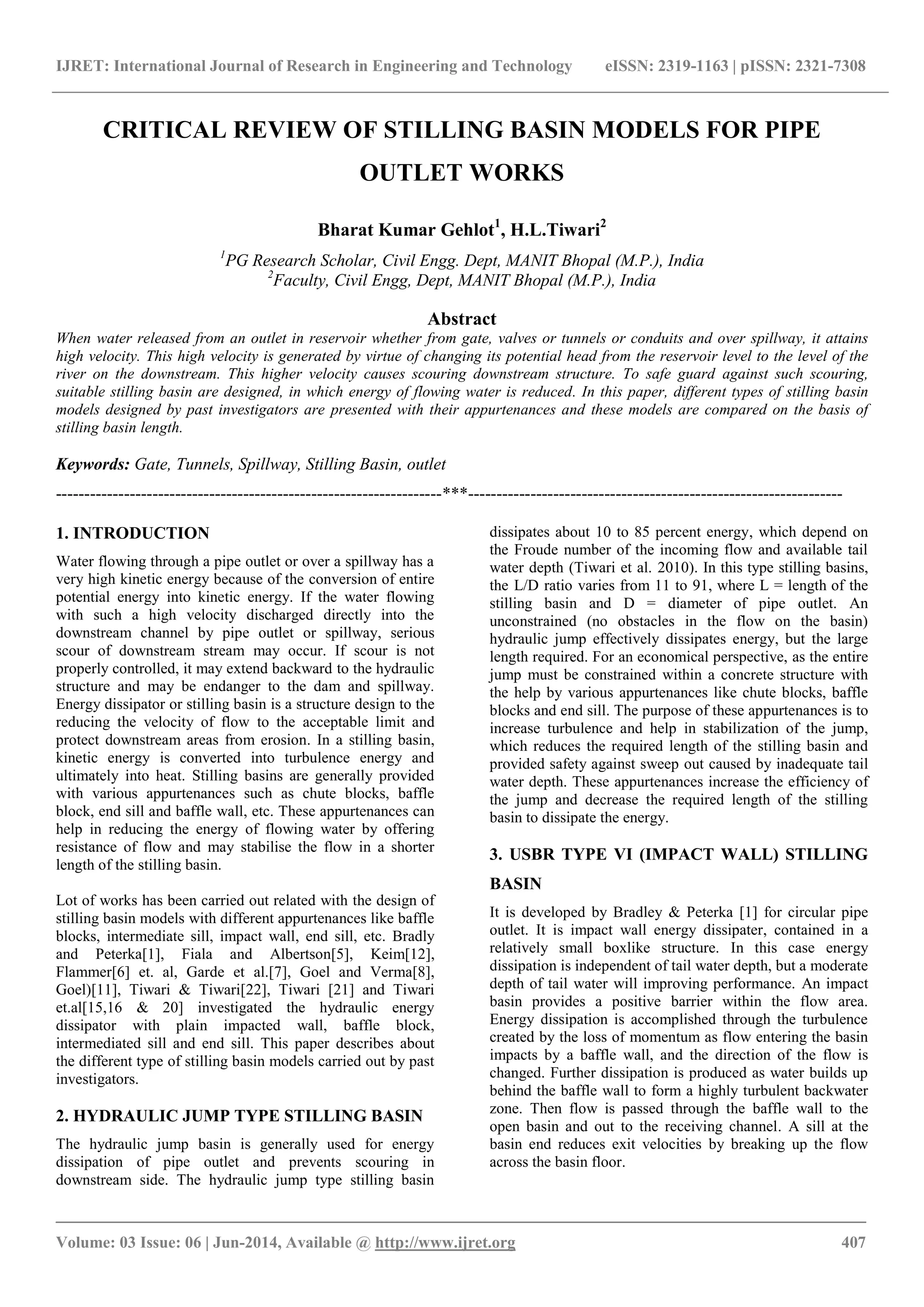 Critical review of stilling basin models for pipe outlet works | PDF