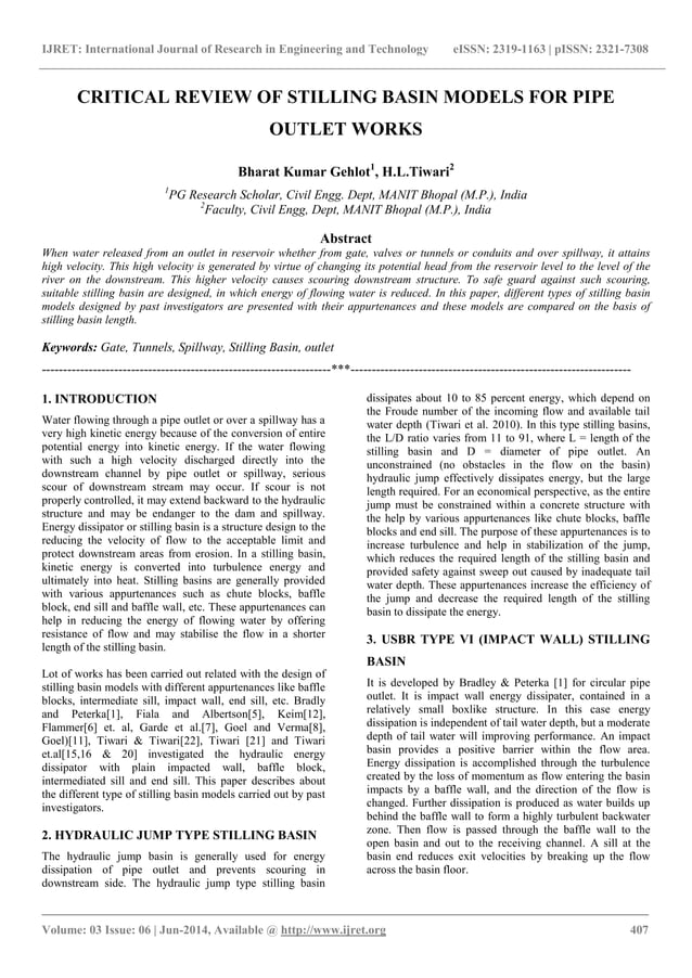 Critical review of stilling basin models for pipe outlet works | PDF