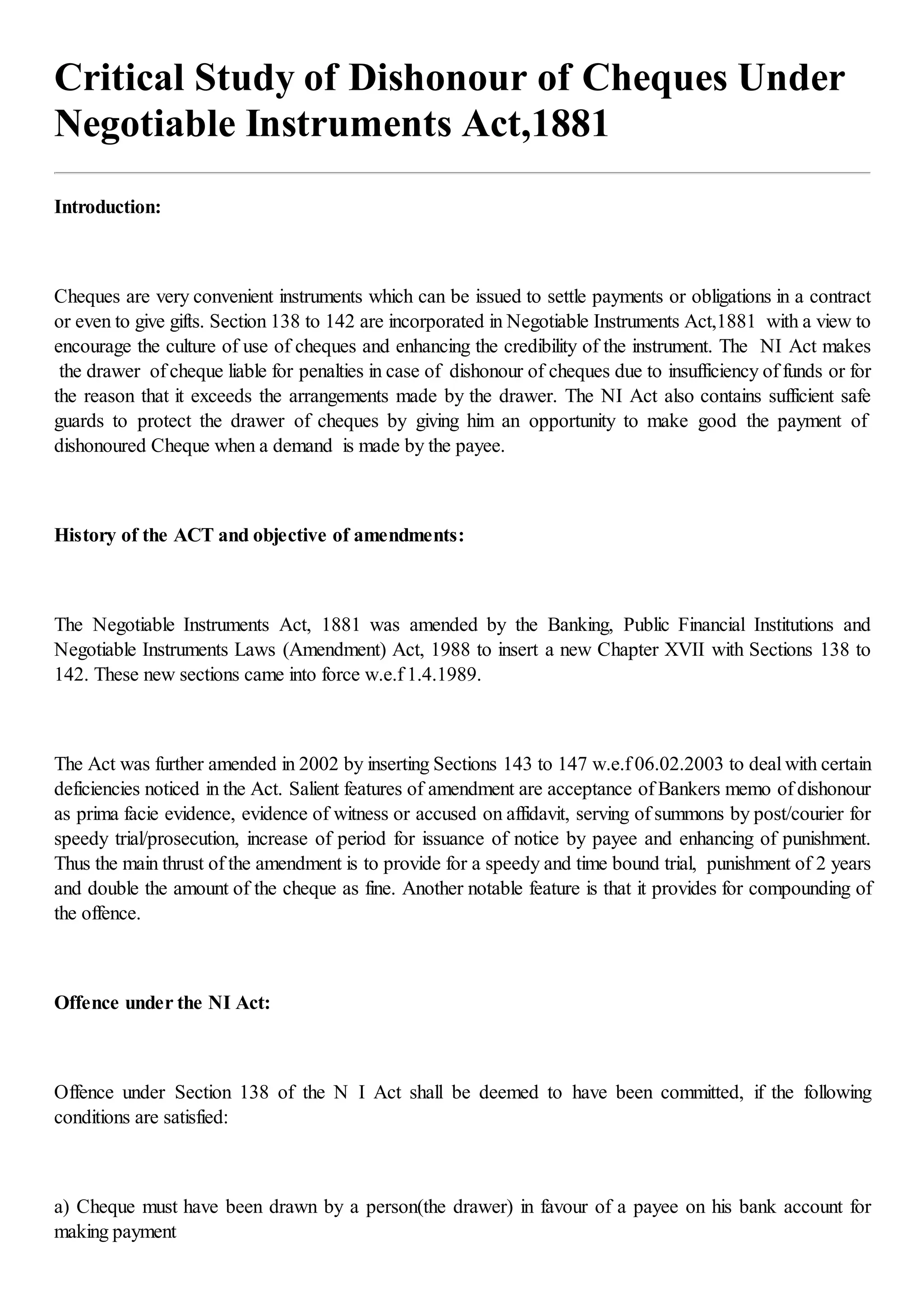 Critical study of dishonour of cheques under negotiable instruments act ...