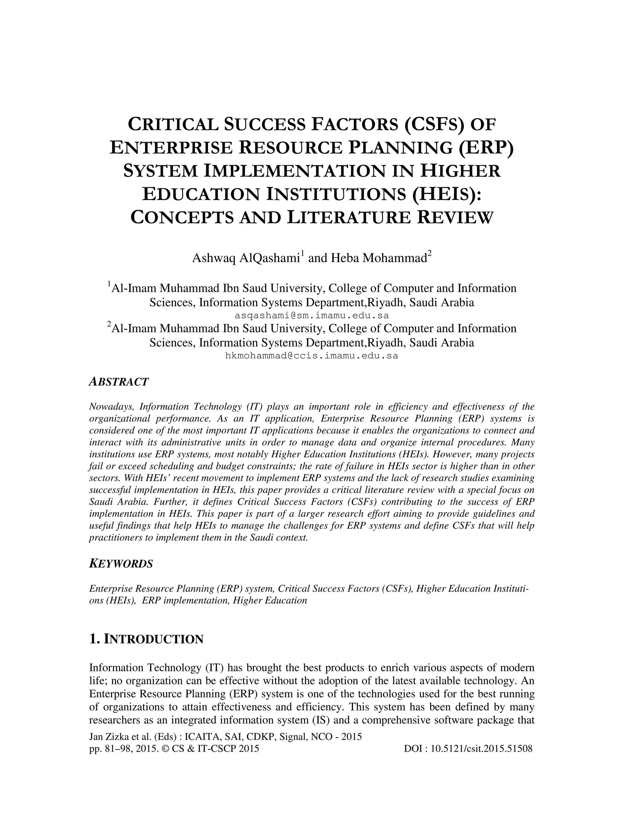 Critical Success Factors (CSFS) of Enterprise Resource Planning (ERP) System Implementation in ...