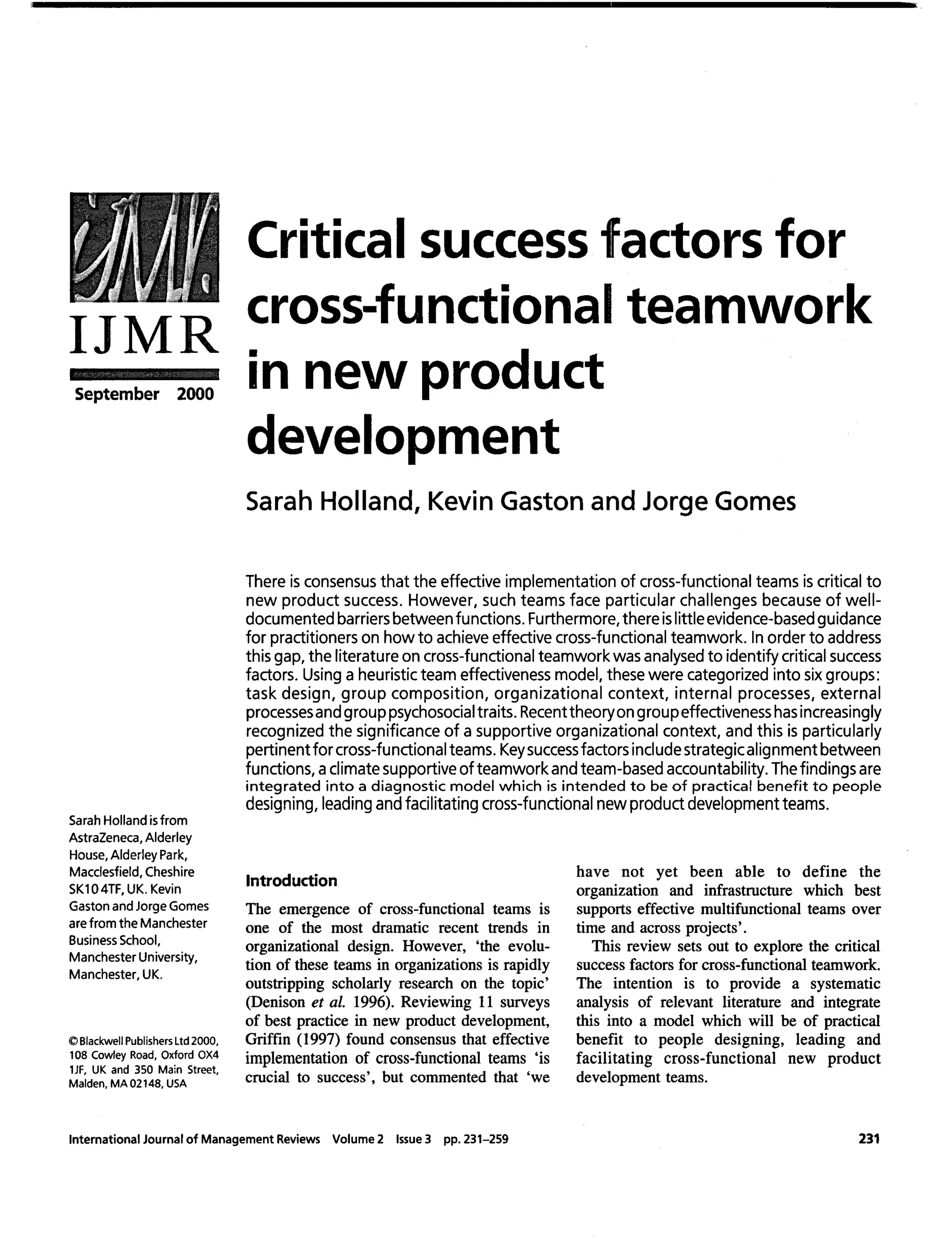 Critical success factors for cross functional teamwork in new product ...