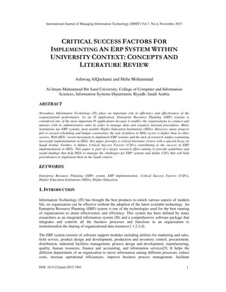 Critical Success Factors for Implementing an ERP System within University Context: Concepts and ...