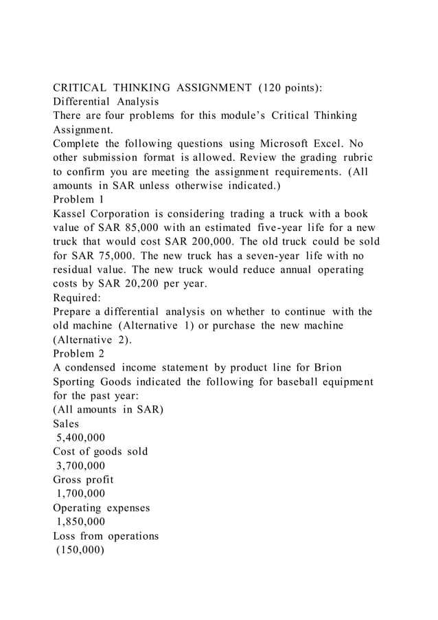CRITICAL THINKING ASSIGNMENT 120 Points Differential Analysis critical-thinking-assignment-120-points-differential-analysis