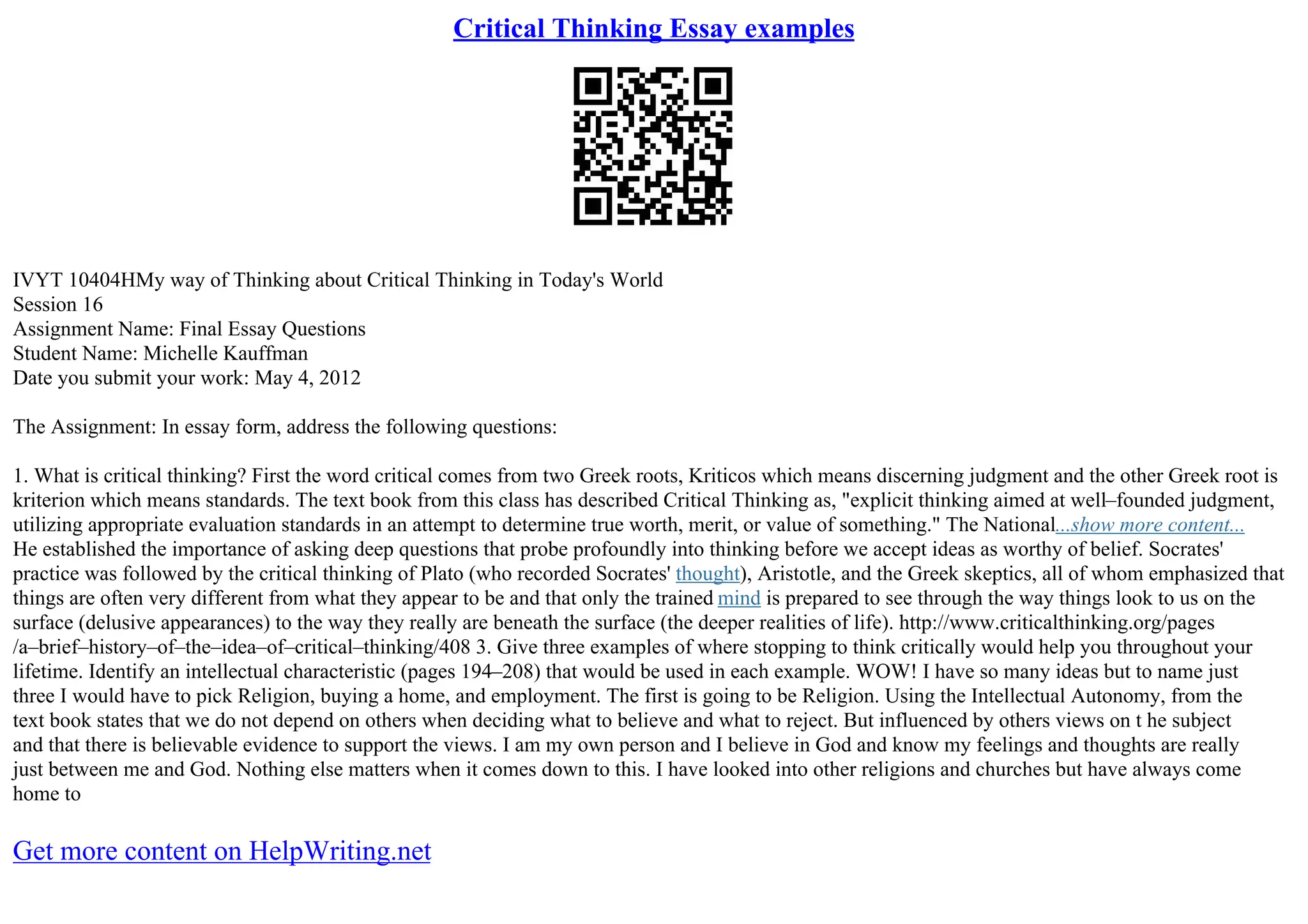 Critical Thinking Essay Examples | PDF