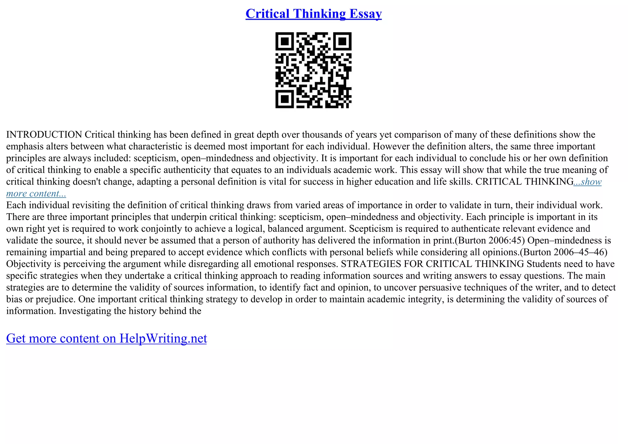 Critical Thinking Essay Examples | PDF