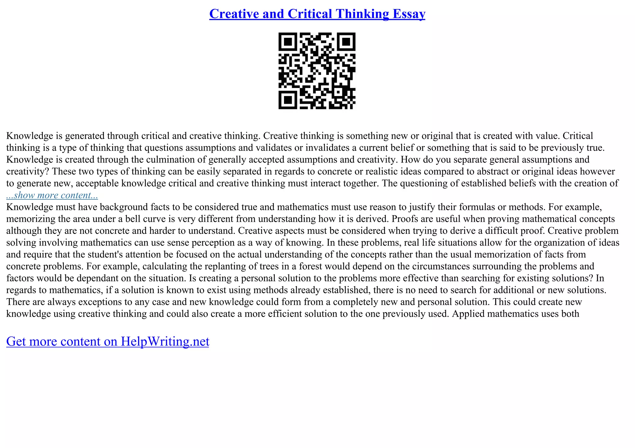 Critical Thinking Essay Examples | PDF
