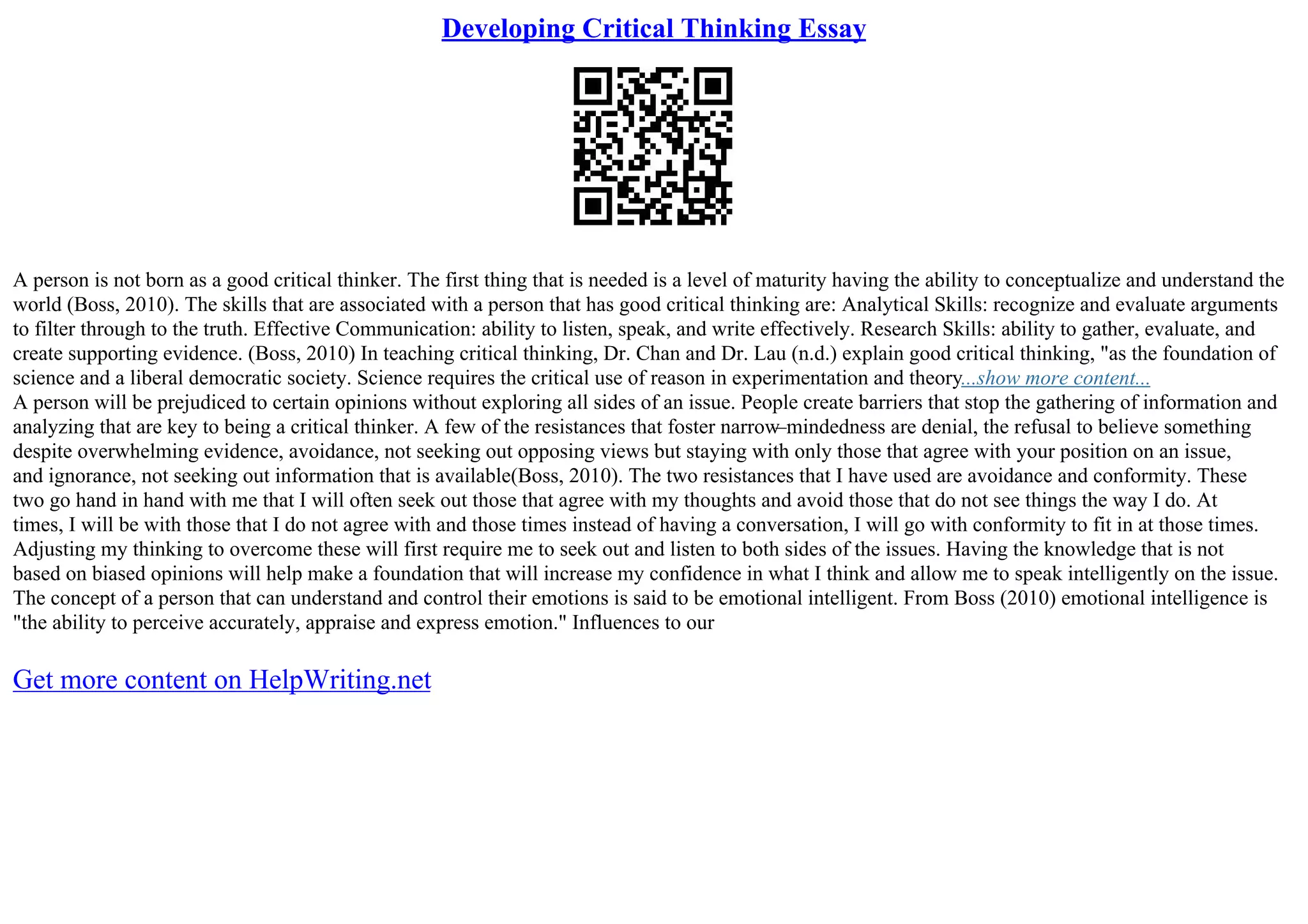 Critical Thinking Essay Examples | PDF