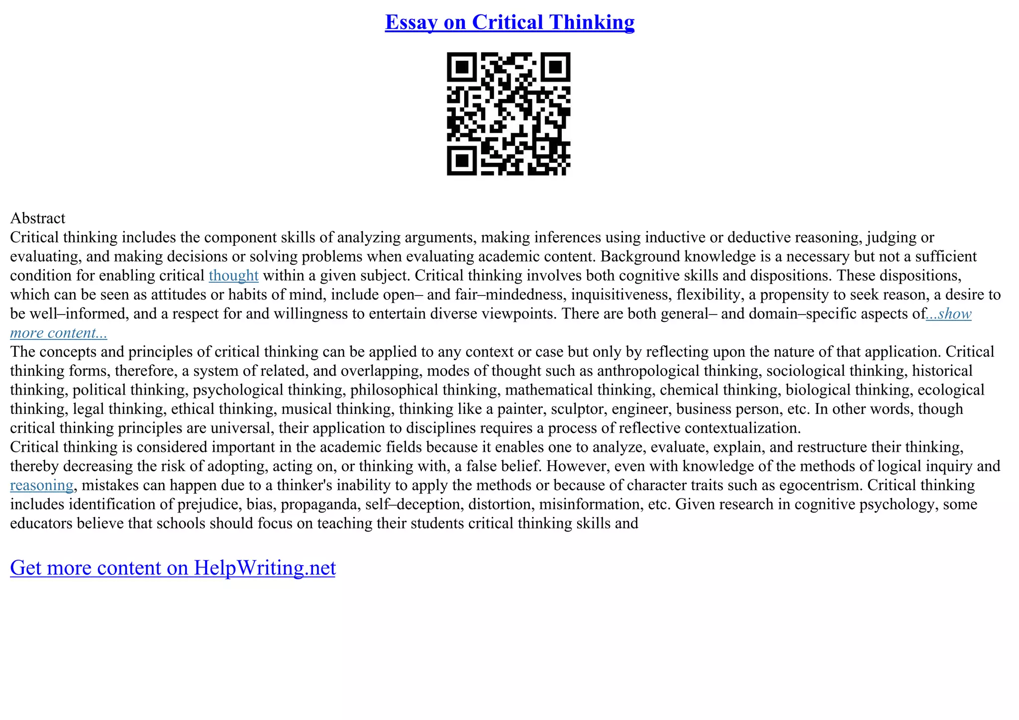 Critical Thinking Essay Examples | PDF