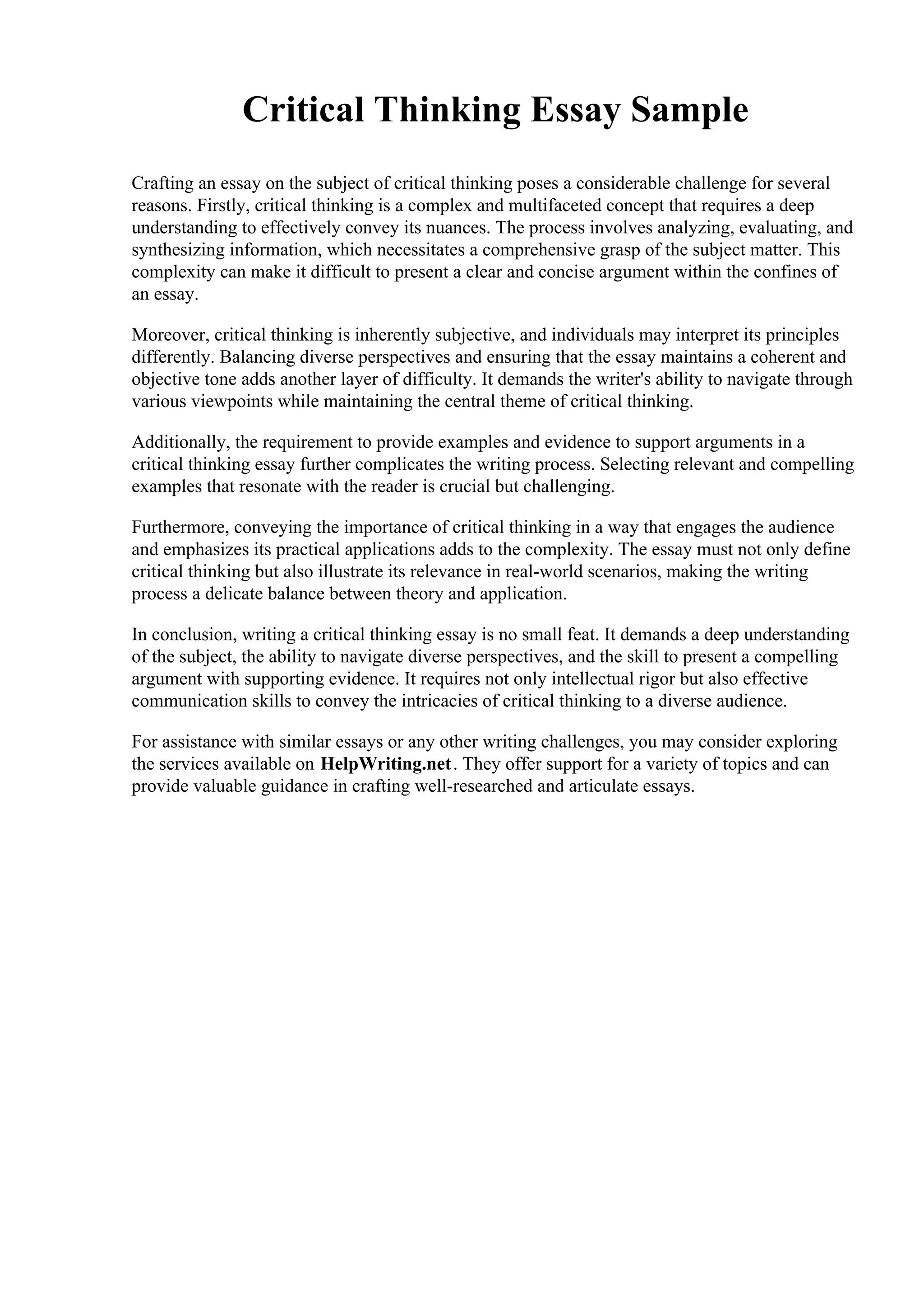 Critical Thinking Essay Sample. American Film Institute Conservatory | PDF