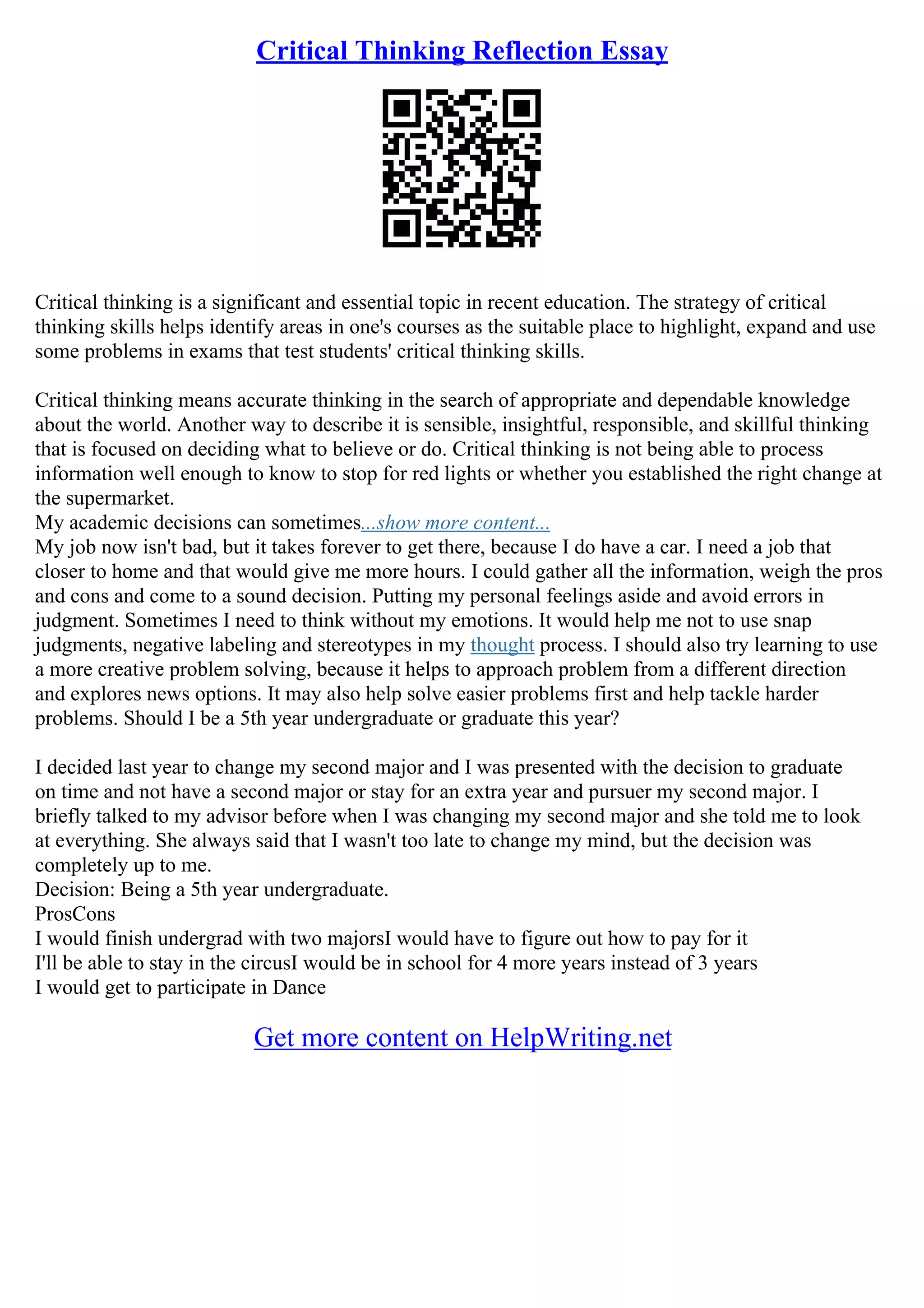 Critical Thinking In Essay Writing | PDF