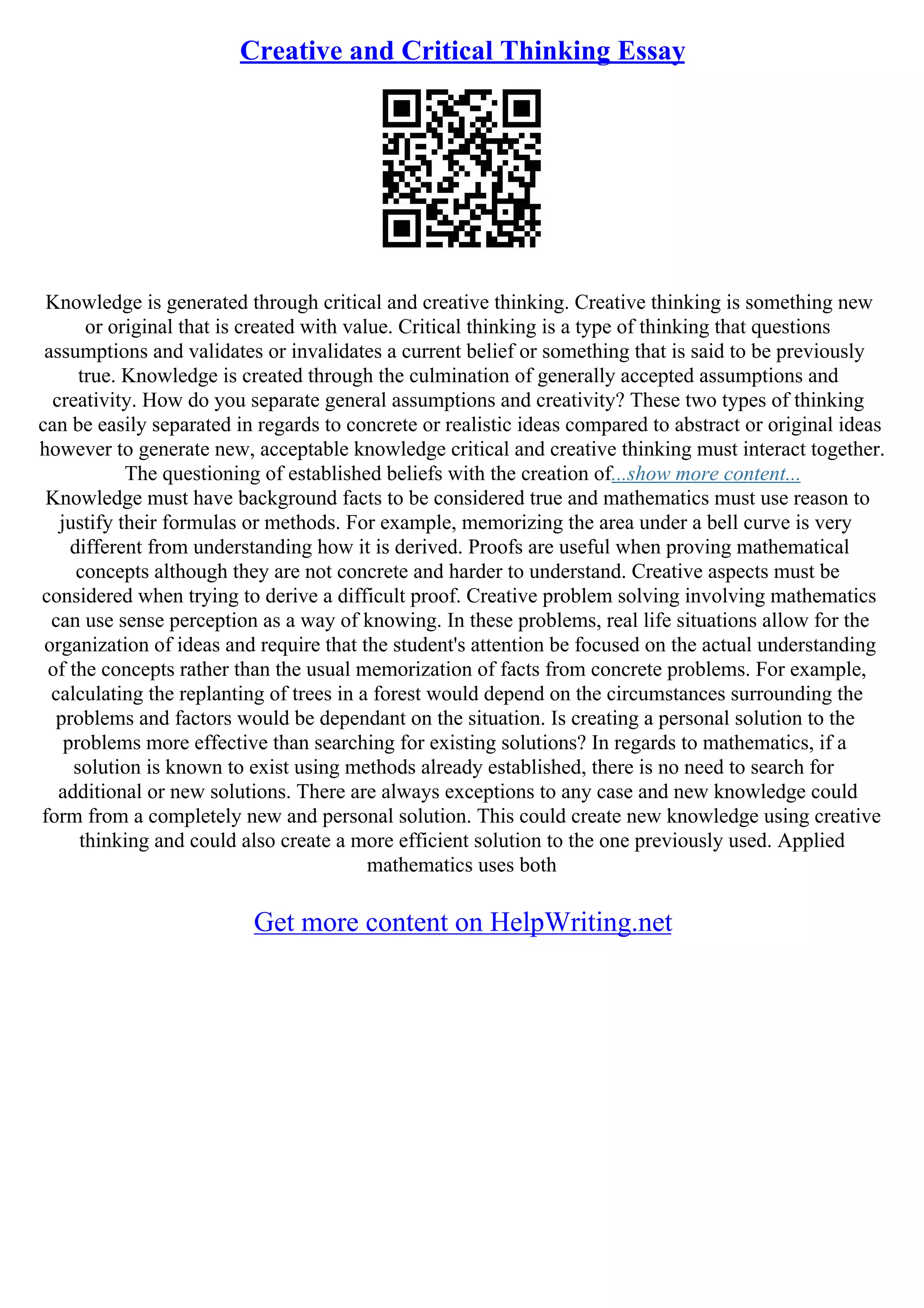 Critical Thinking In Essay Writing | PDF