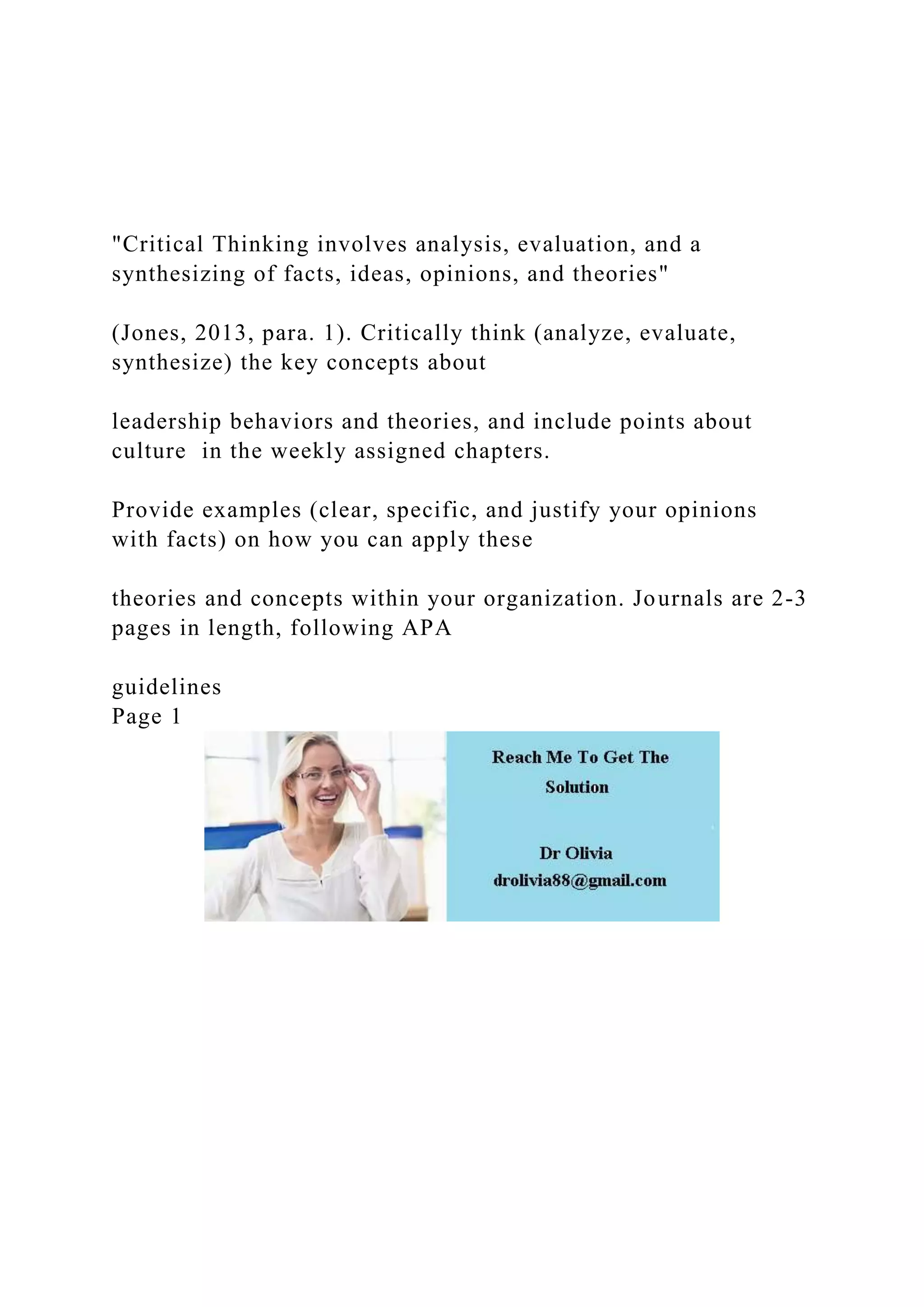 Critical Thinking involves analysis, evaluation, and a synthe.docx