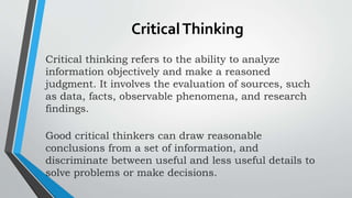 Critical thinking measurement tools and assessment rubrics report | PPTX