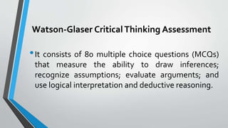 Critical thinking measurement tools and assessment rubrics report | PPTX