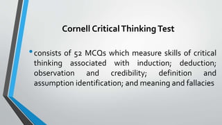 Critical thinking measurement tools and assessment rubrics report | PPTX