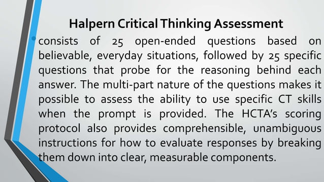 Critical thinking measurement tools and assessment rubrics report | PPT