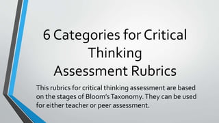 Critical thinking measurement tools and assessment rubrics report | PPT