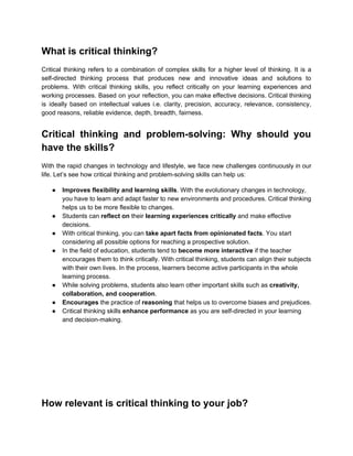 Critical thinking skills a guide for problem solving | PDF