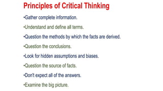 CRITICAL THINKING.pptx / Evidence Based Practice / Critical thinking principles / Barriers to ...