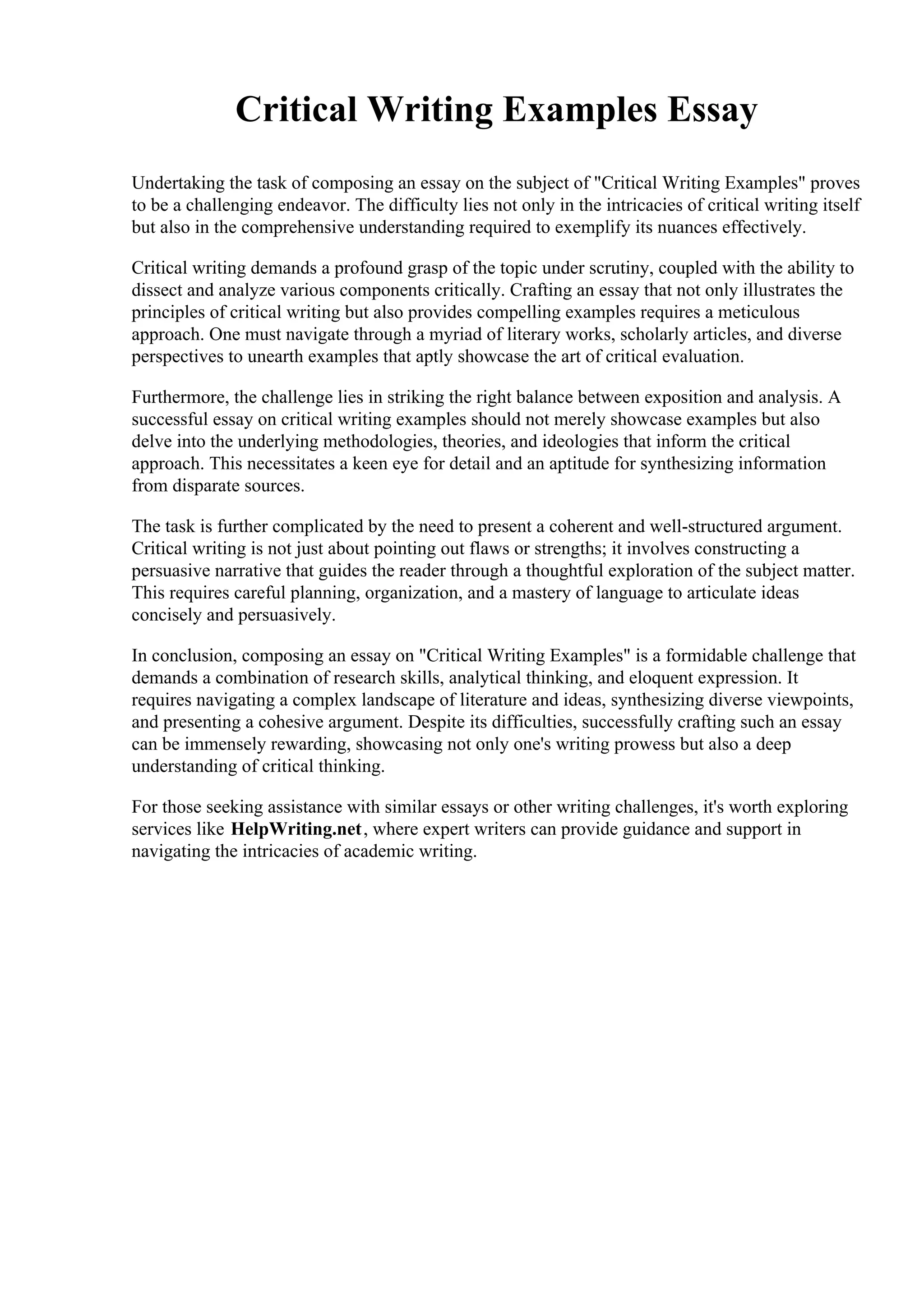 Critical Writing Examples Essay. Texarkana College | PDF